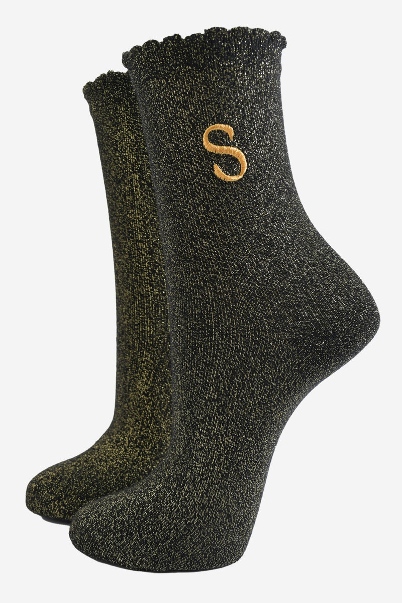 sartaandco – Women's Glitter Socks - Black/Gold, Initial "S"